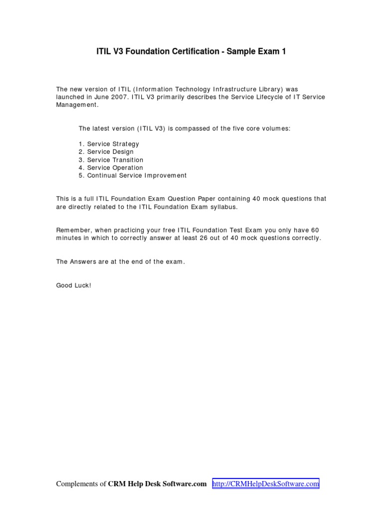 ITIL V3 Foundation Exam Sample Questions | PDF | Computers