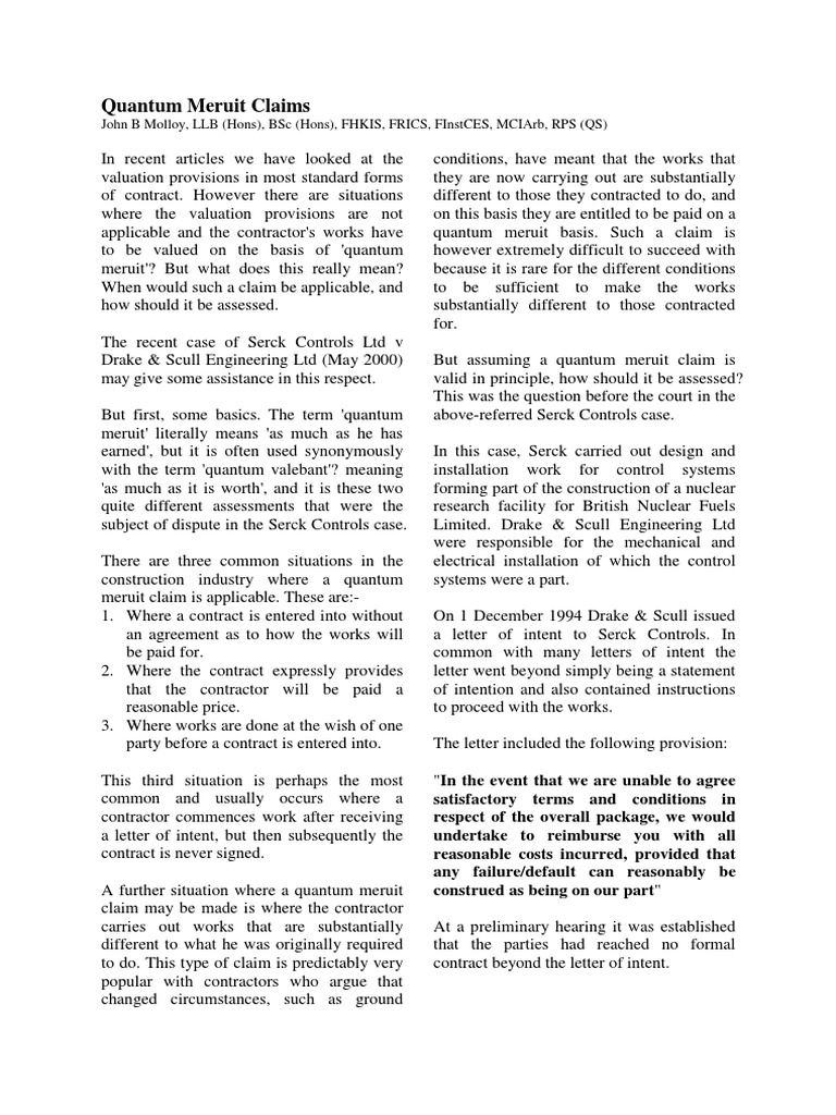 A2001 HKIS - Quantum Meruit Claims | PDF | Business
