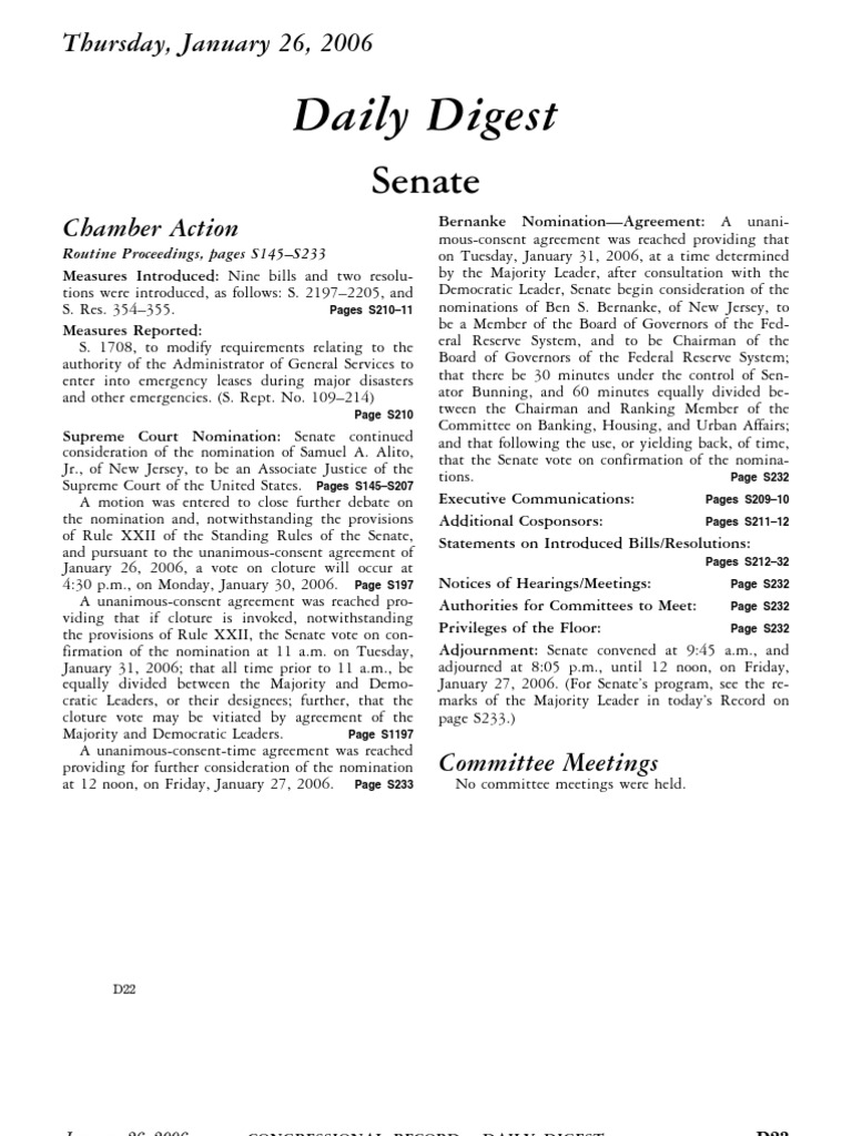 US Congressional Record Daily Digest 26 January 2006 | PDF | United ...
