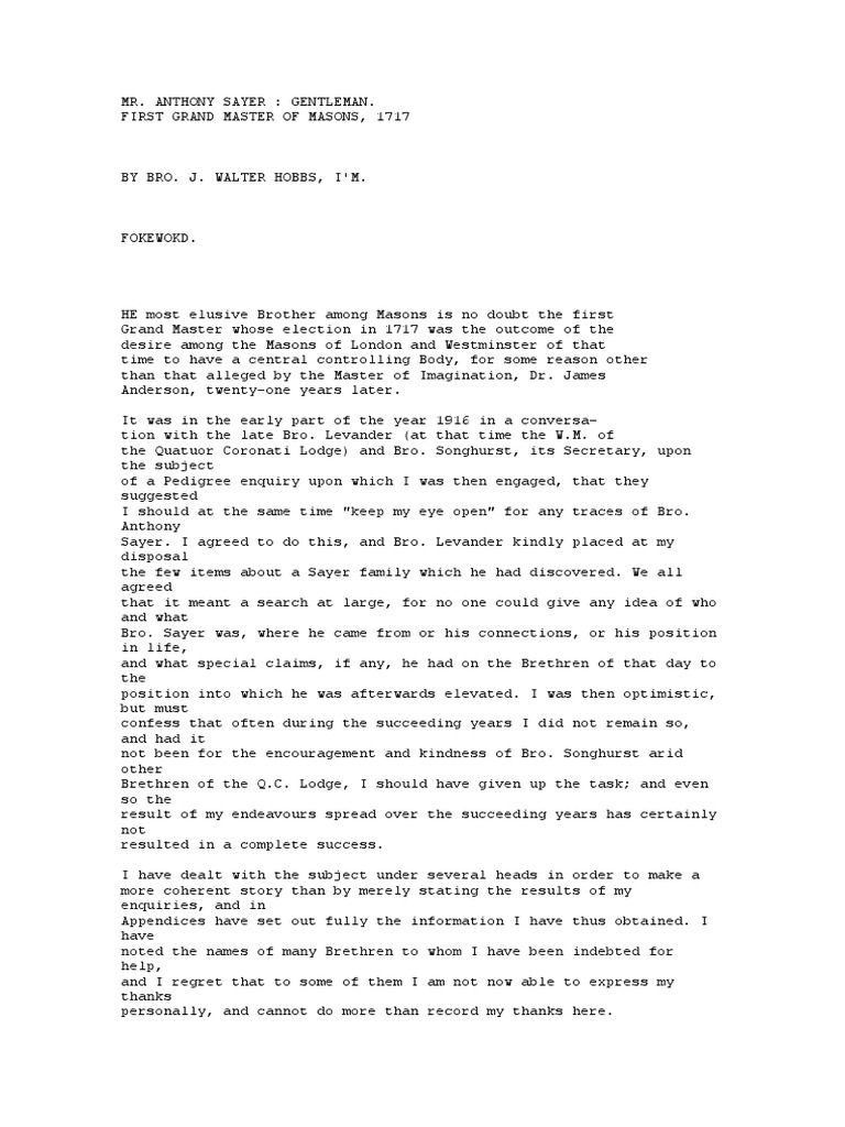 MR Anthony Sayer | PDF | Freemasonry | Masonic Lodge