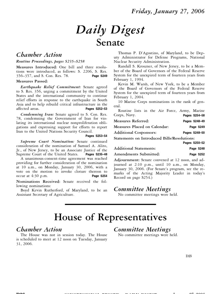 US Congressional Record Daily Digest 27 January 2006 | PDF | United ...