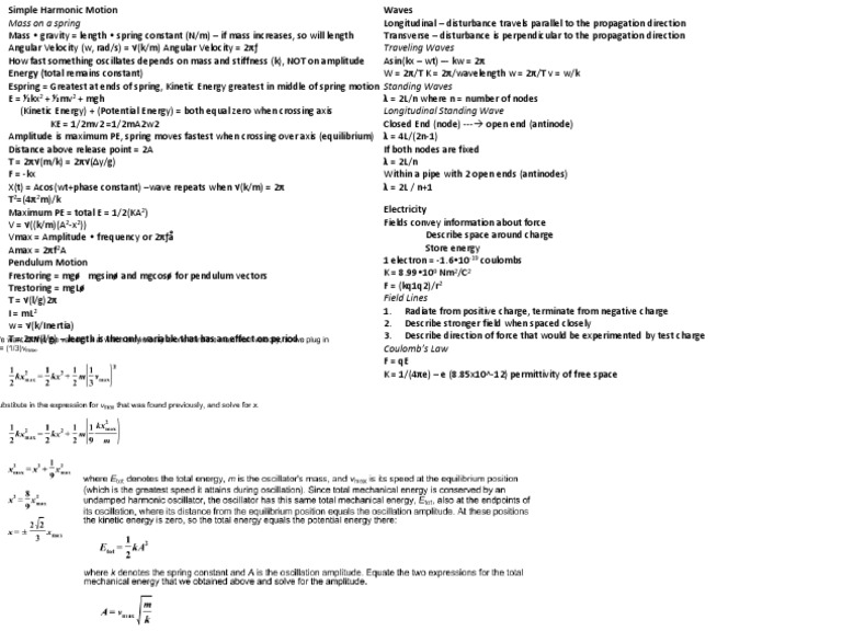 PHY102, Study Sheet, Cheat Sheet, Equations | PDF | Waves | Force