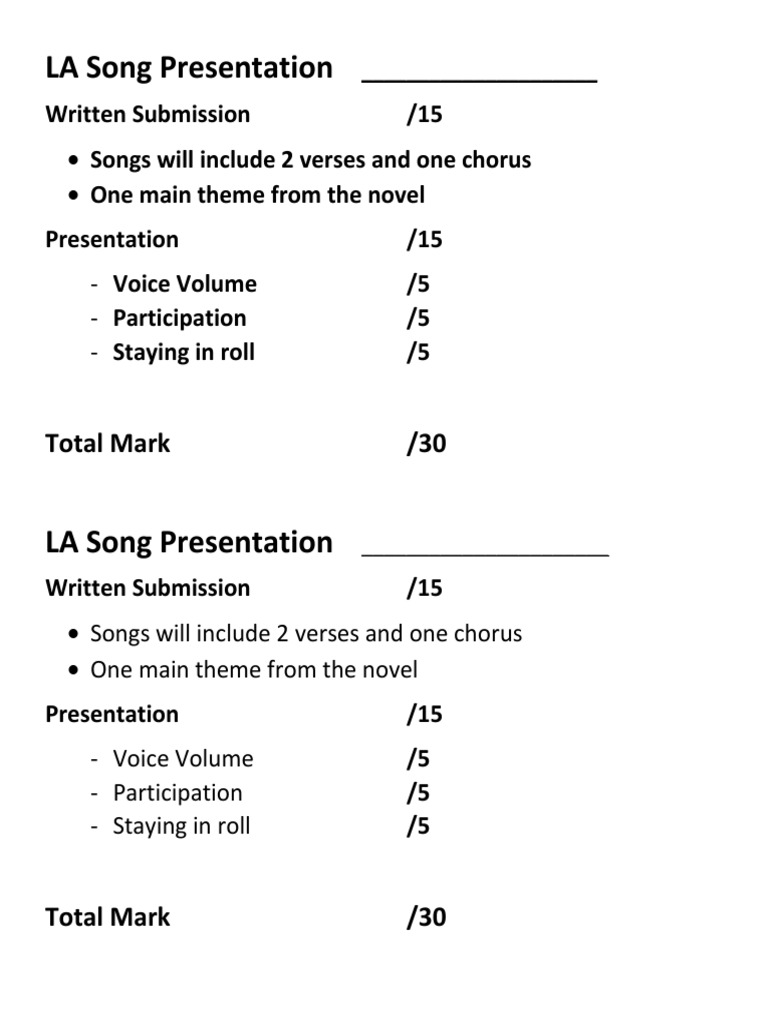 La Song Presentation Criteria Sheet-Marks | PDF | Song Structure | Songs