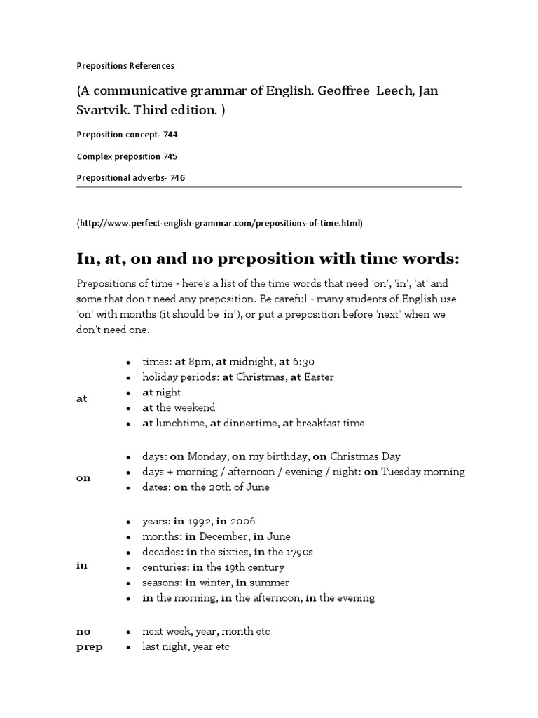 Prepositions References | PDF | Preposition And Postposition | Grammar