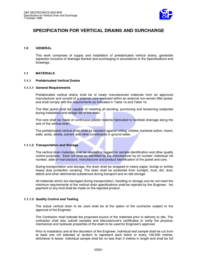 Specification For Vertical Drains and Surcharge: 1.0 General | PDF ...
