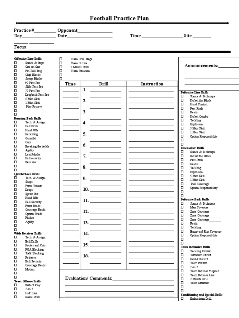 Football Practice Plan: Practice # Opponent Day Date Time Site Focus ...