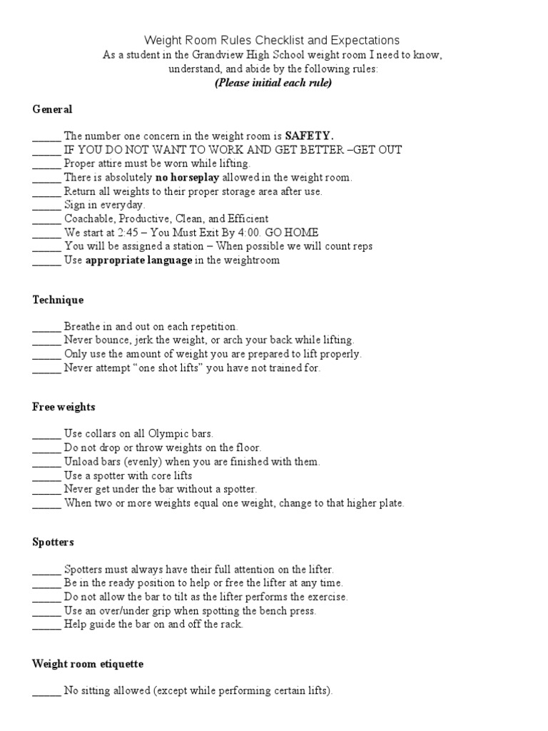 Weight Room Rules Checklist and Expectations | PDF