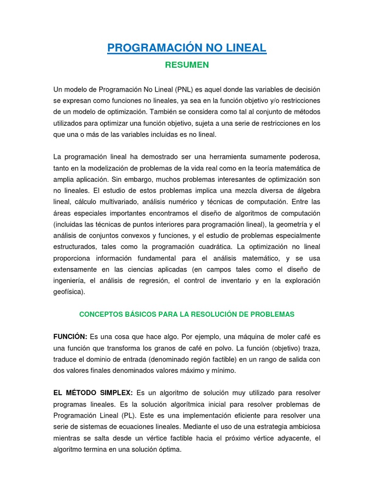 PROGRAMACIÓN NO LINEAL RESUMEN | PDF | Optimización Matemática ...