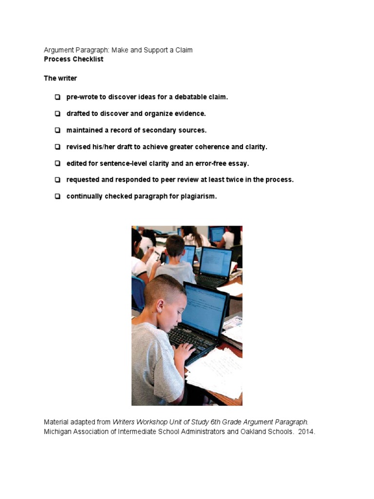 Argument Paragraph Writing Checklist | PDF
