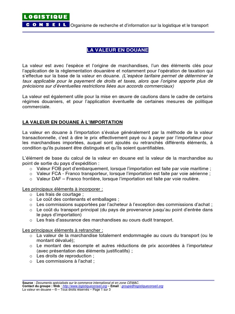 Valeur en Douane | Valeur (Économie) | Transport