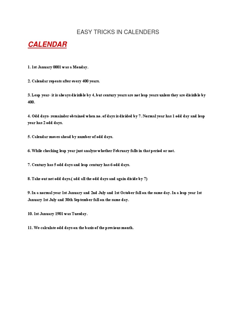 Calendar Problems Tricks | PDF