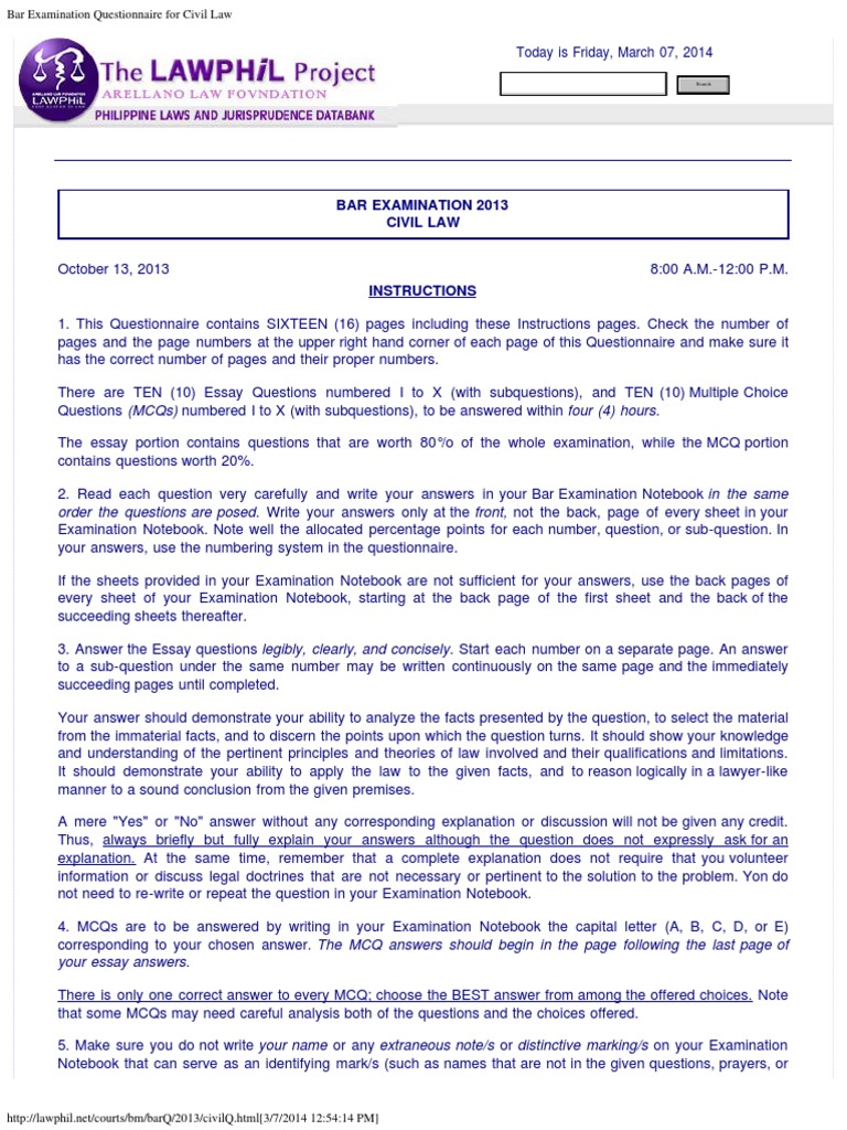 Bar Examination Questionnaire For Civil Law | PDF | Partnership ...