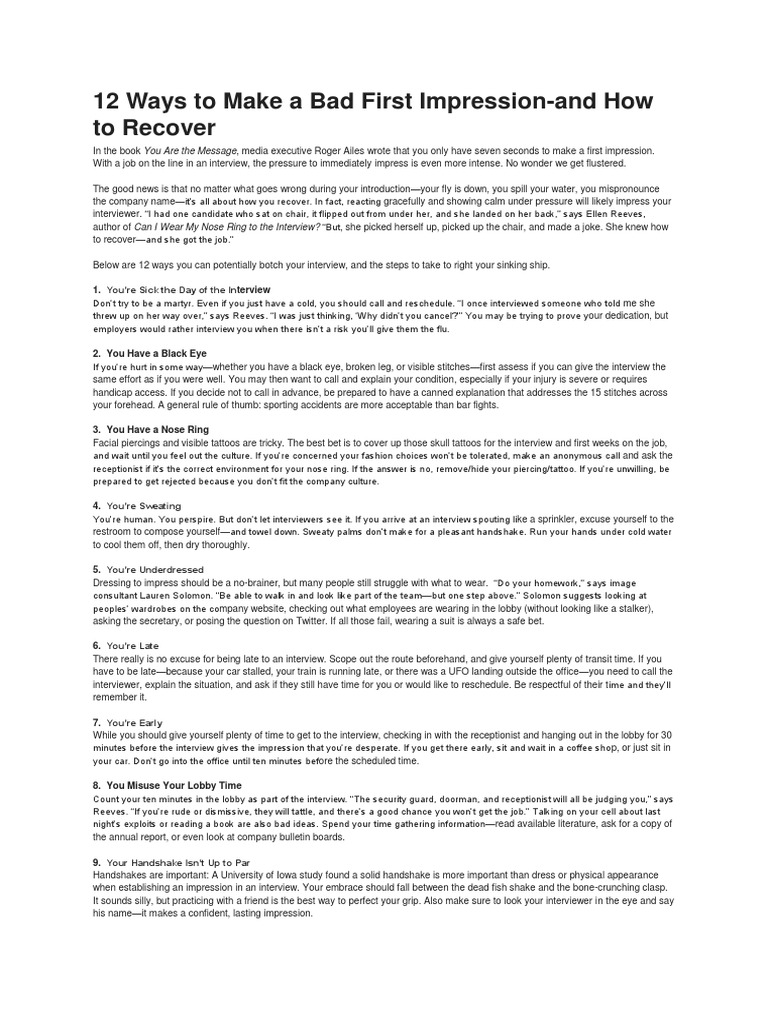 12 Tips to Avoid Bad Interview Impressions | PDF