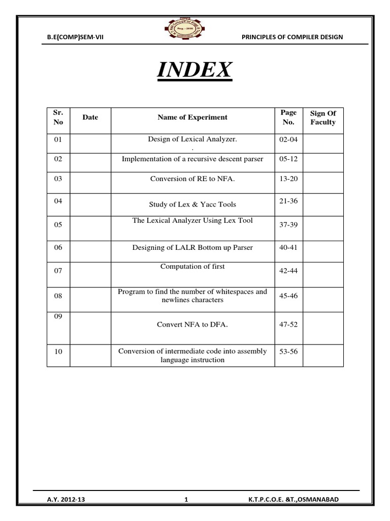 Index: Sr. No Date Name of Experiment No. Sign of Faculty | PDF ...