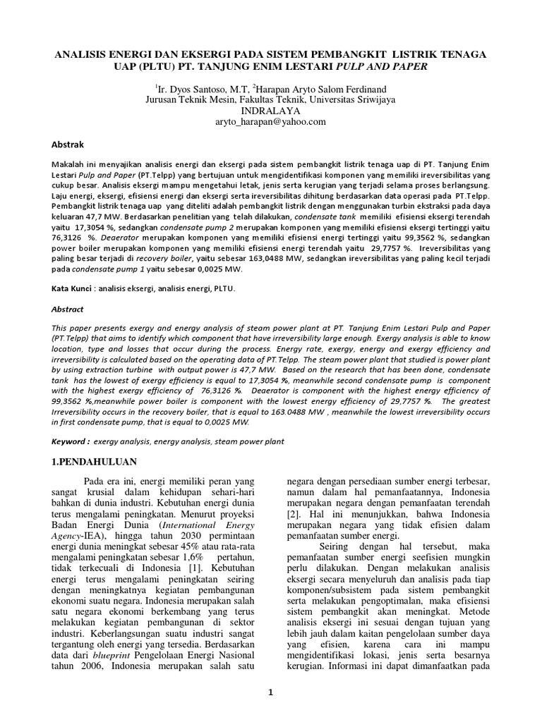 Energy and Exergy Analysis (PT Telpp Steam Power Plant) | PDF