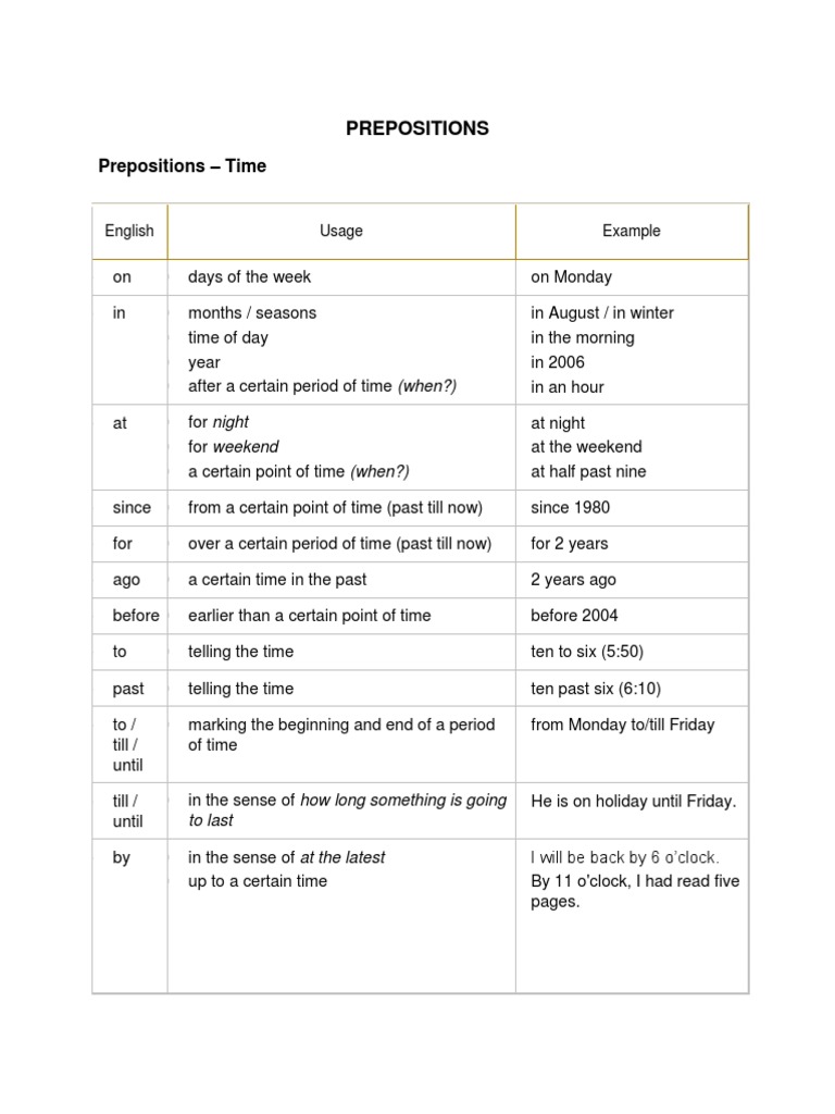 Prepositions | PDF | Workweek And Weekend | Leisure