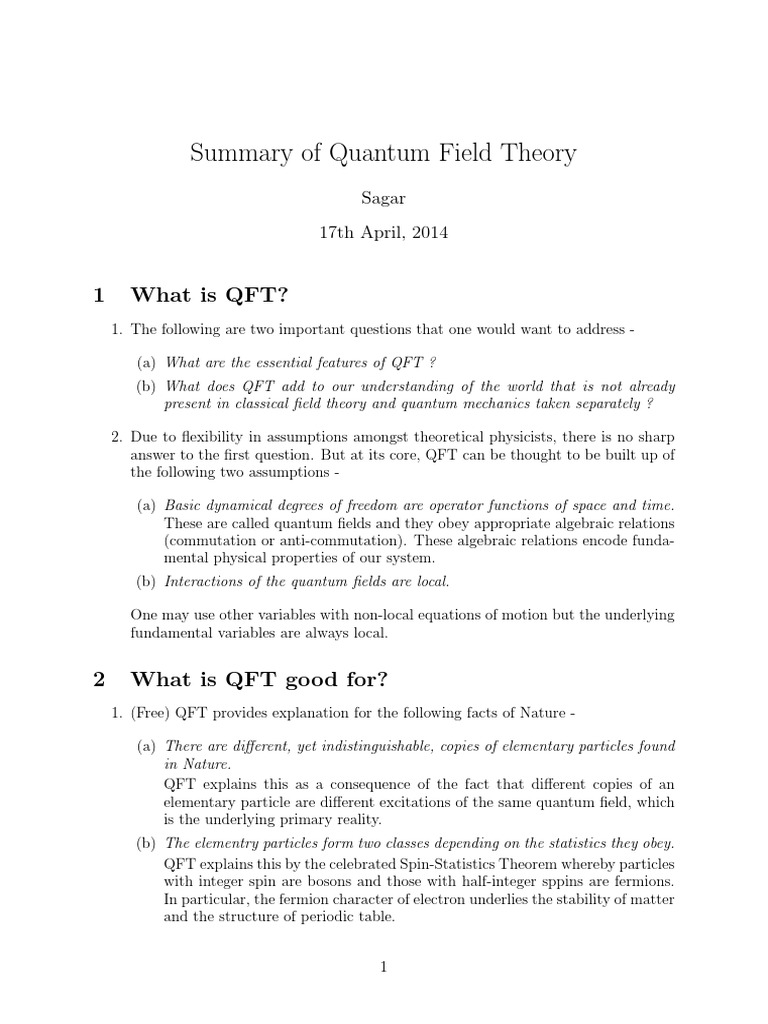 Summary of Quantum Field Theory: 1 What Is QFT? | Download Free PDF ...