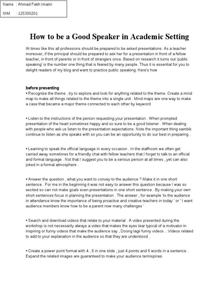 How To Be A Good Speaker in Academic Setting | PDF | Public Speaking ...