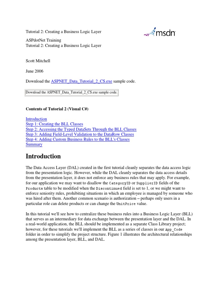 Tutorial 2 Creating A Business Logic Layer Pdf C Sharp Programming Language Data Type