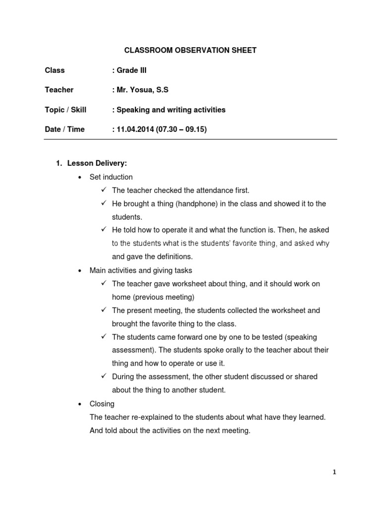Classroom N Field Observation | PDF | Educational Assessment | Classroom