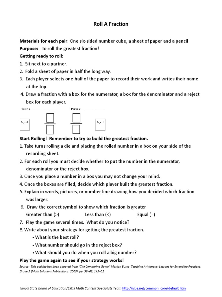 Roll A Fraction: Illinois State Board of Education/SSOS Math Content ...