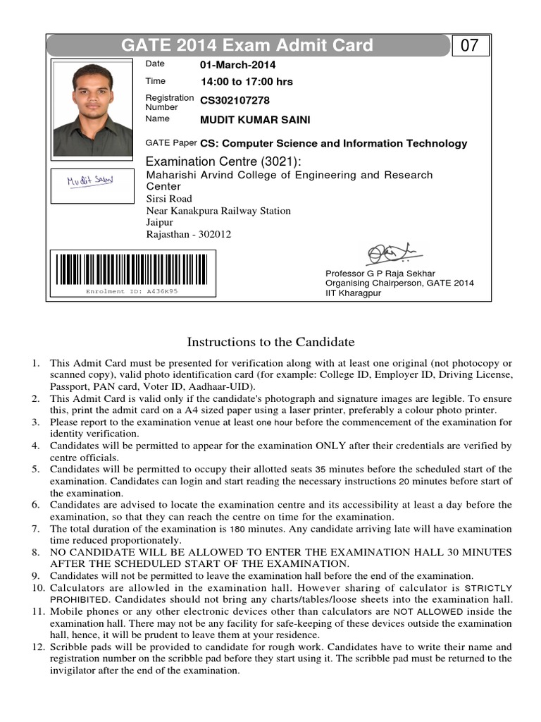 GATE 2014 Exam Admit Card: Examination Centre (3021) | PDF | Identity ...