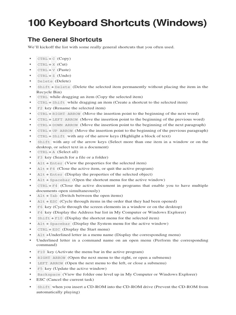 100 Keyboard Shortcuts | PDF | Computer Keyboard | Computing Platforms