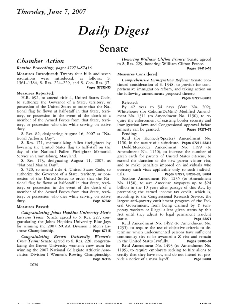 US Congressional Record Daily Digest 07 June 2007 | Download Free PDF ...