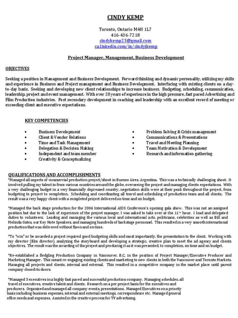 Senior Project Manager Marketing in Toronto Canada Resume Cindy Kemp ...