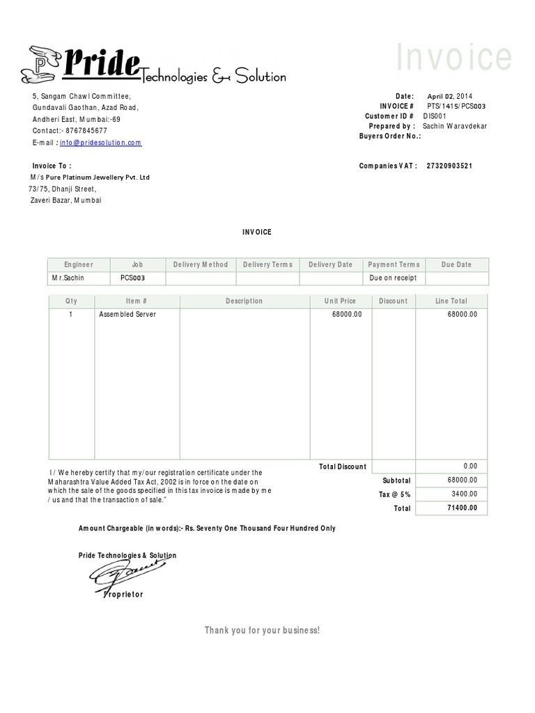 Invoice for Pure Platinum Jewellery | PDF