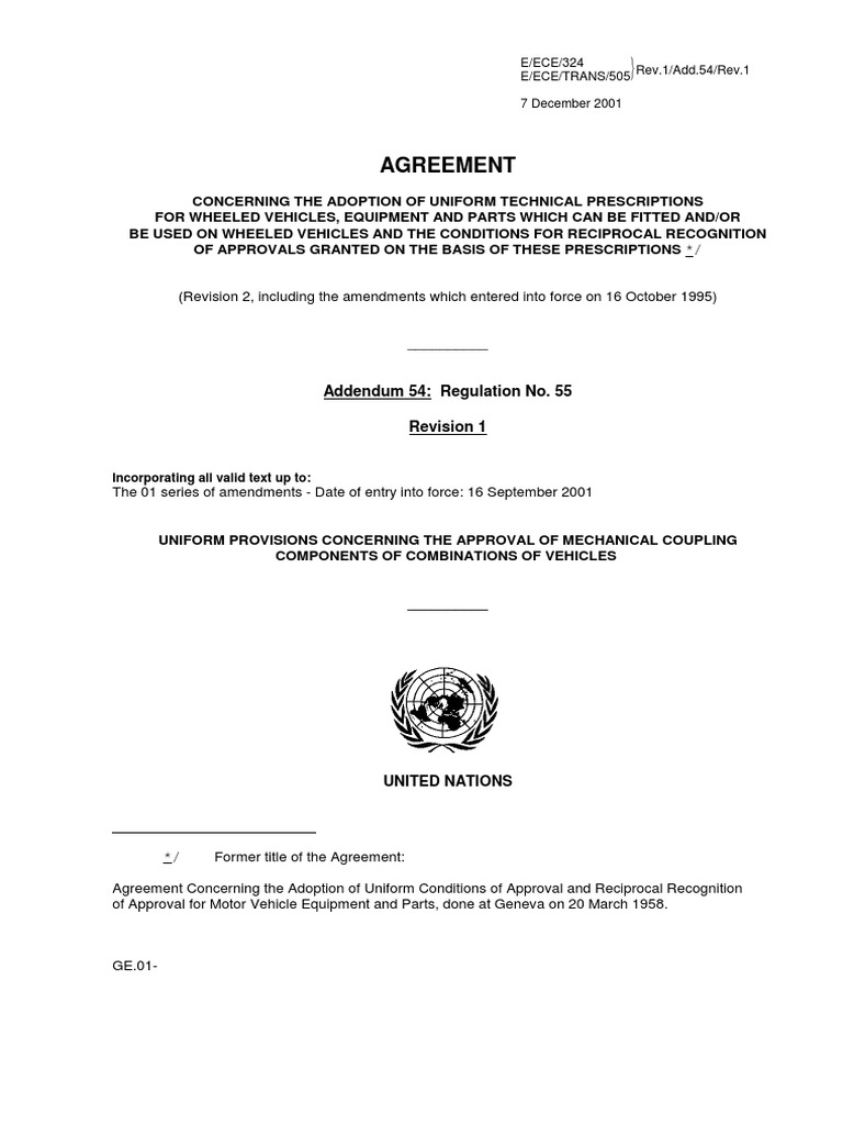 ECE Regulation No 055 Rev 01 | PDF | Trailer (Vehicle) | Wheeled Vehicles