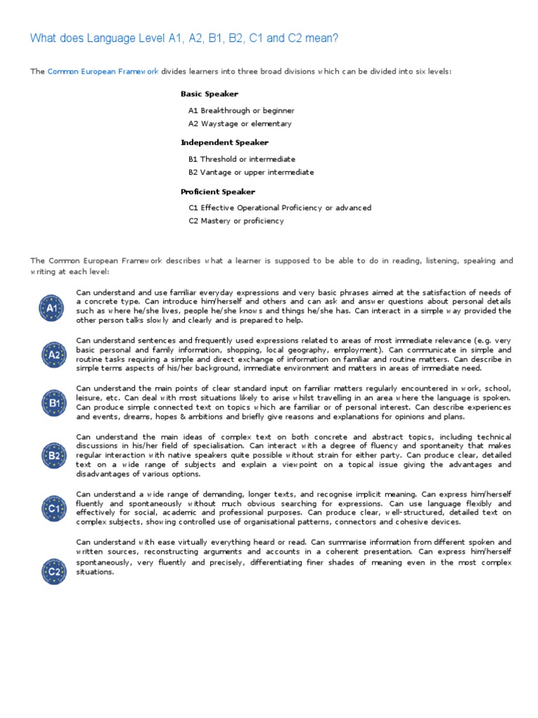 What Does Language Level A1, A2, B1, B2, C1 and C2 Mean | PDF ...
