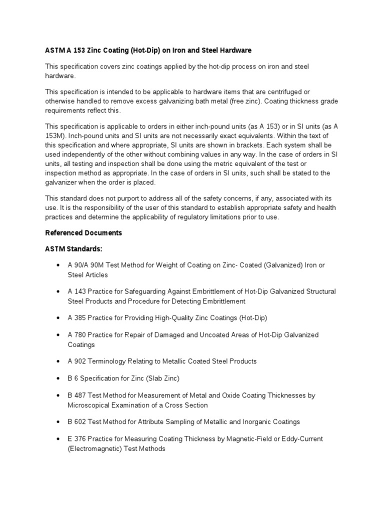 ASTM A 153 Zinc Coating On Iron and Steel Hardware | PDF ...