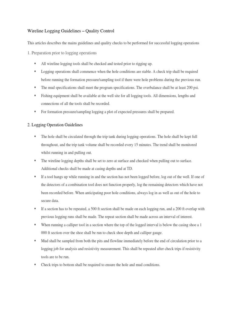 Wireline Logging Quality Control Guidelines | PDF | Oil Well | Nature