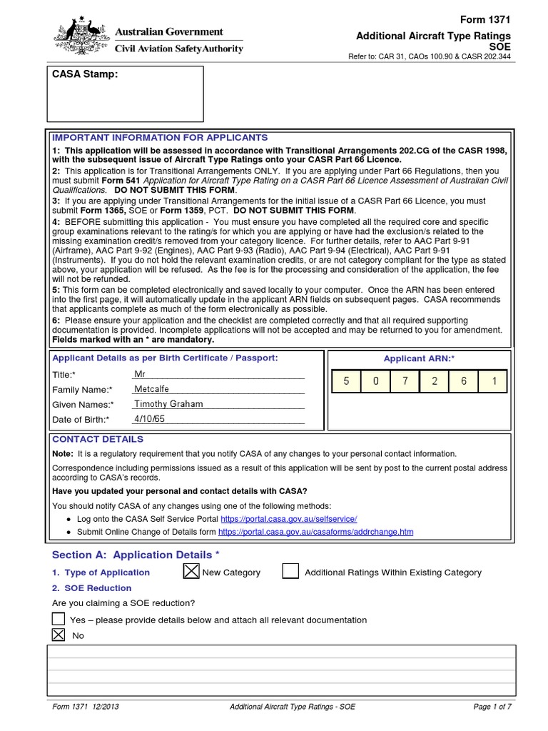 Important Information For Applicants: Form 1371 Additional Aircraft ...