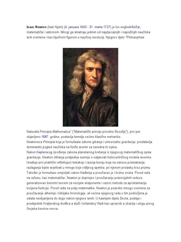 Isaac Newton (Isak Njutn) (: 4. Januara 1643 31. Marta 1727 Fizičar | PDF