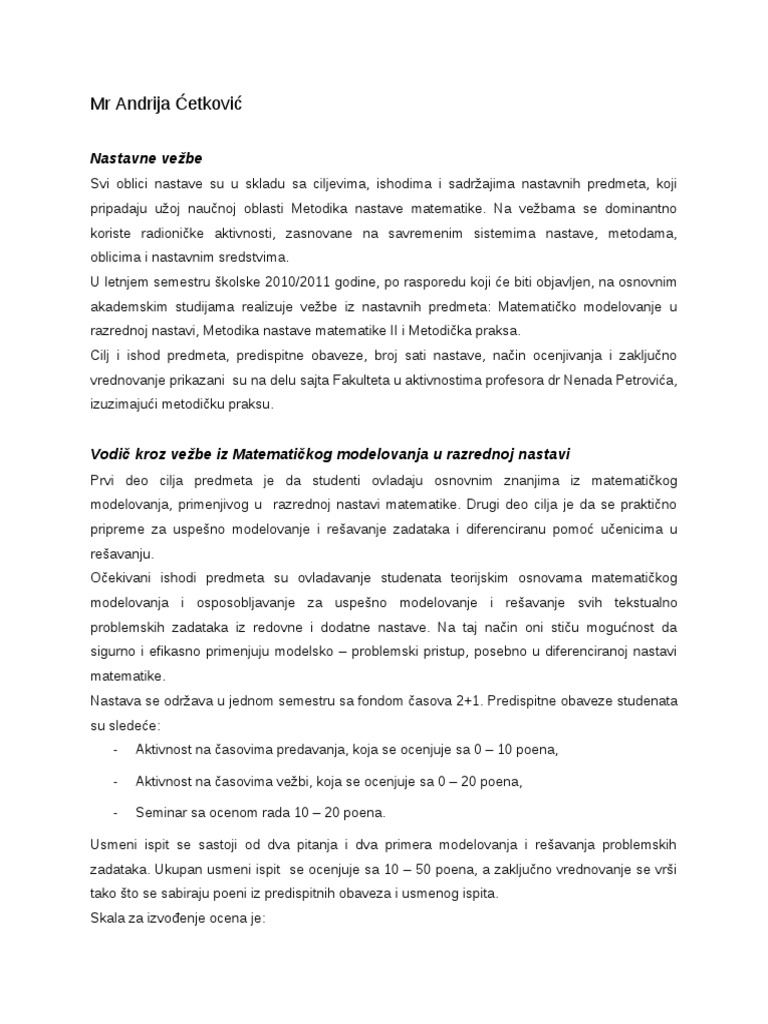 Matematicko Modelovanje U Razrednoj Nastavi | PDF