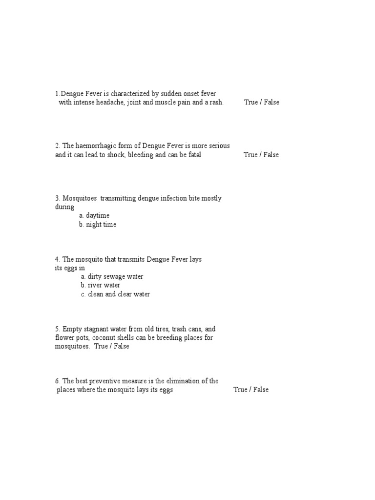 Dengue Questionnaire | PDF | Rtt | Microbiology