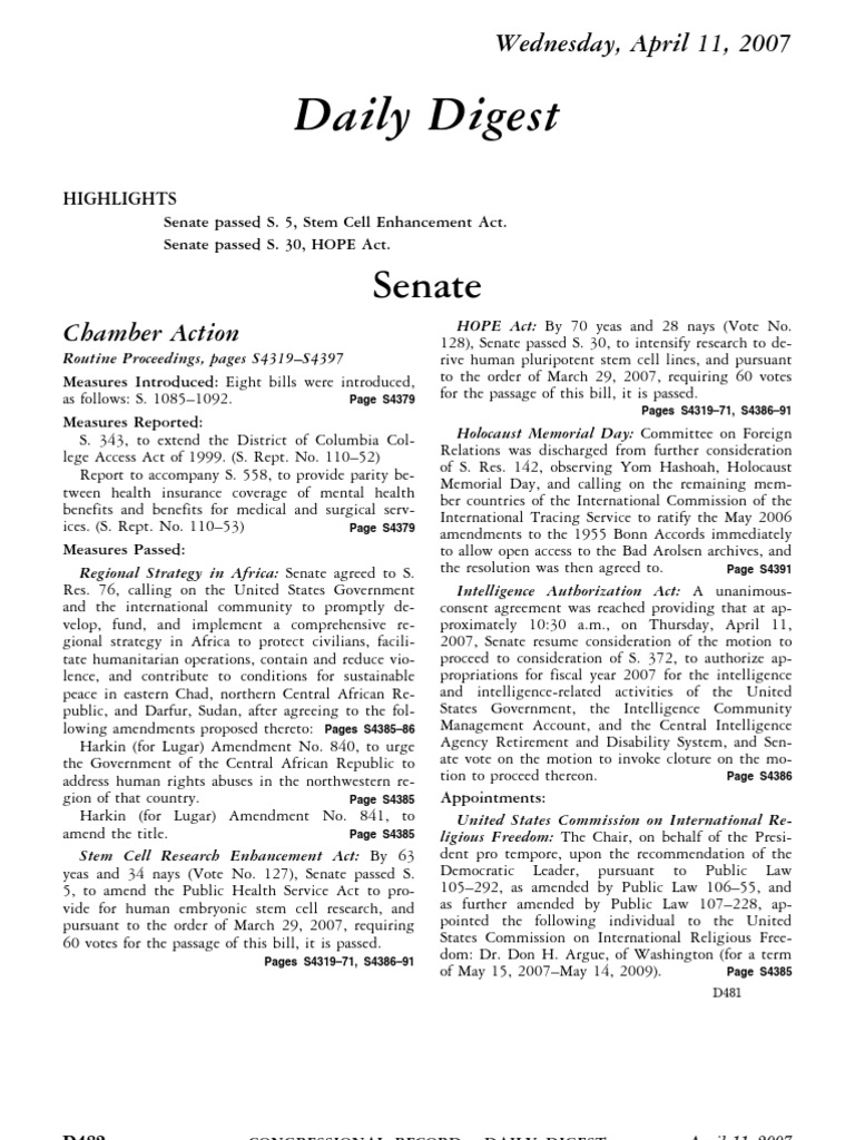 US Congressional Record Daily Digest 11 April 2007 | PDF | United ...
