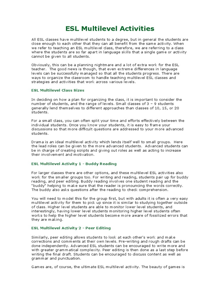 Activities for Multilevel ESL Classes | PDF | English As A Second Or ...