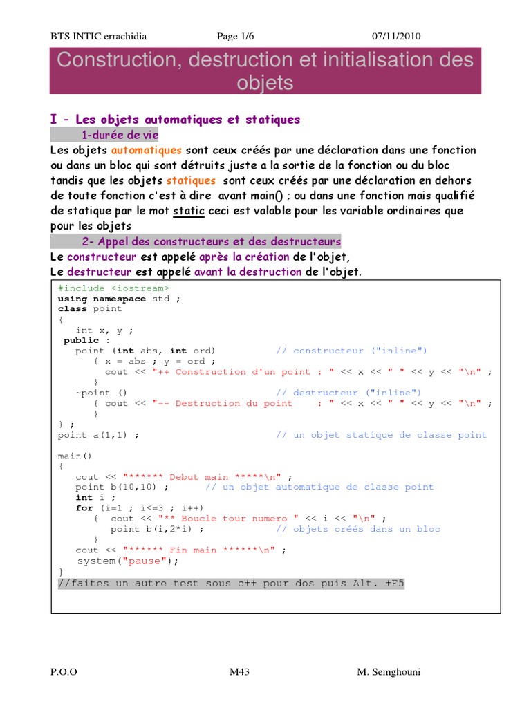 Cours 4 - Construction, Destruction Et Initialisation Des Objets | PDF | Pointeur (programmation ...