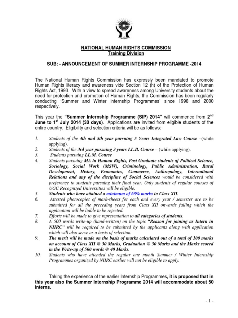 NHRC Advertisement of Summer Internship Programme | PDF | Internship ...