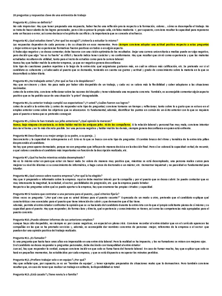 20 preguntas clave de una entrevista de trabajo | PDF | Entrevista de ...