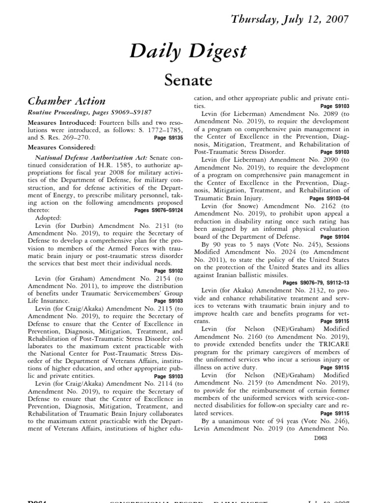 US Congressional Record Daily Digest 12 July 2007 | PDF | United States ...