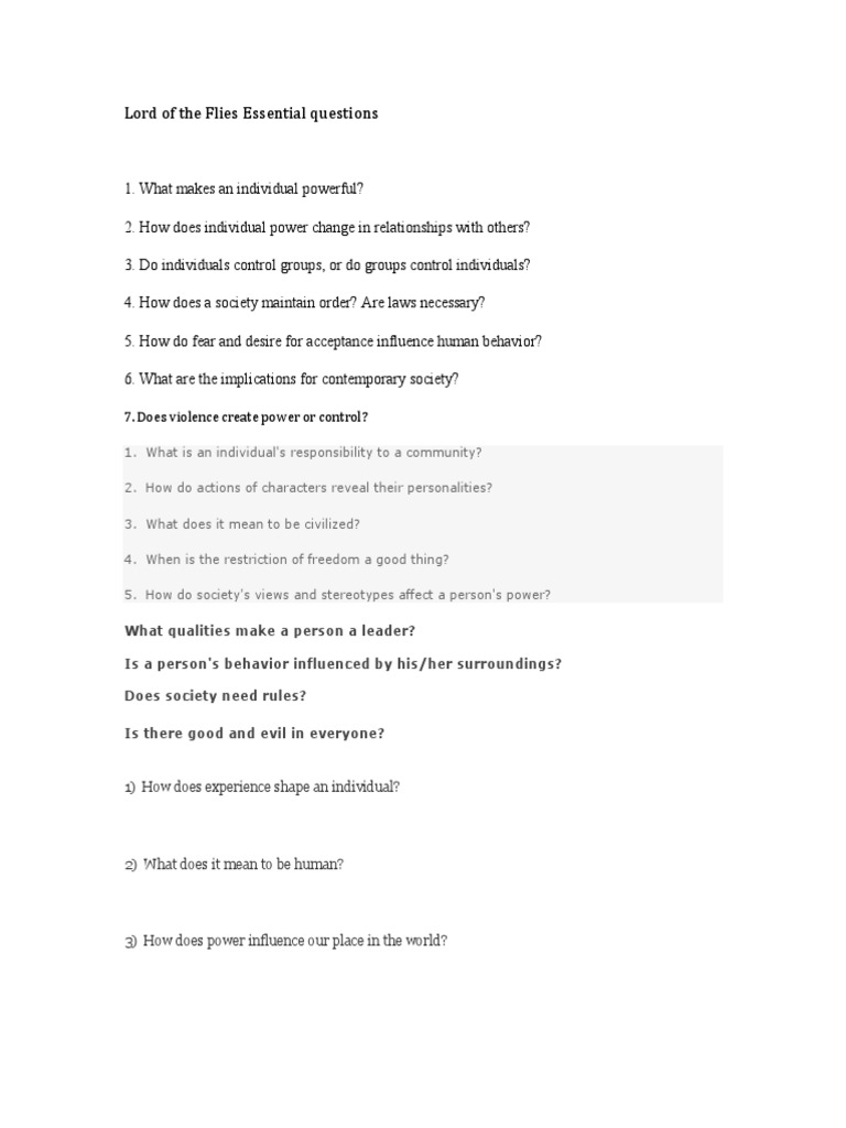 Lord of The Flies Essential Questions | PDF | Society | Free Will