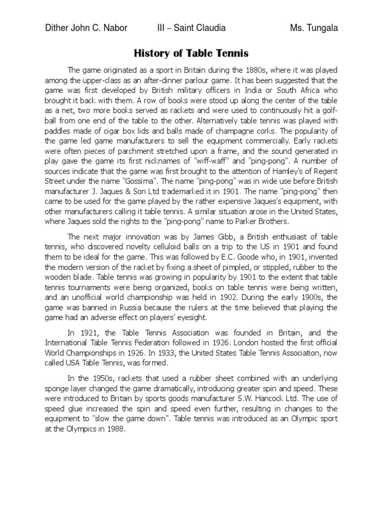 History of Table Tennis | PDF | Table Tennis | Racquet Sports