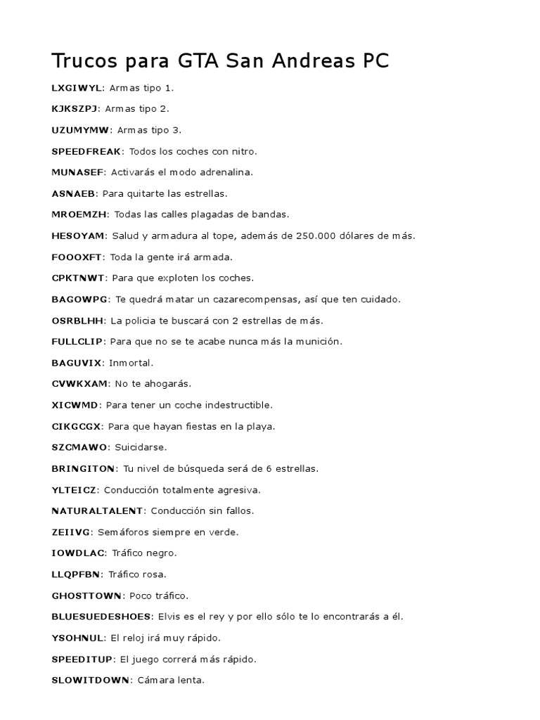 Trucos para GTA San Andreas PC | PDF | Monedas de América del Norte | Monedas de los Estados Unidos