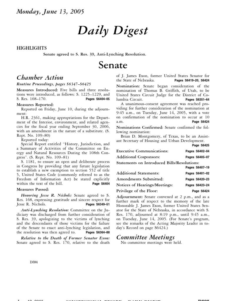 US Congressional Record Daily Digest 13 June 2005 | PDF | United States ...