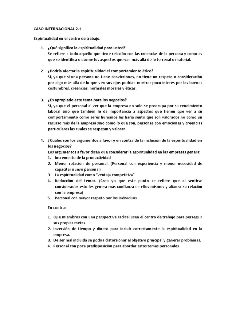 CASO INTERNACIONAL 2.1 - Espiritualidad en El Centro de Trabajo | PDF | Crecimiento personal y ...