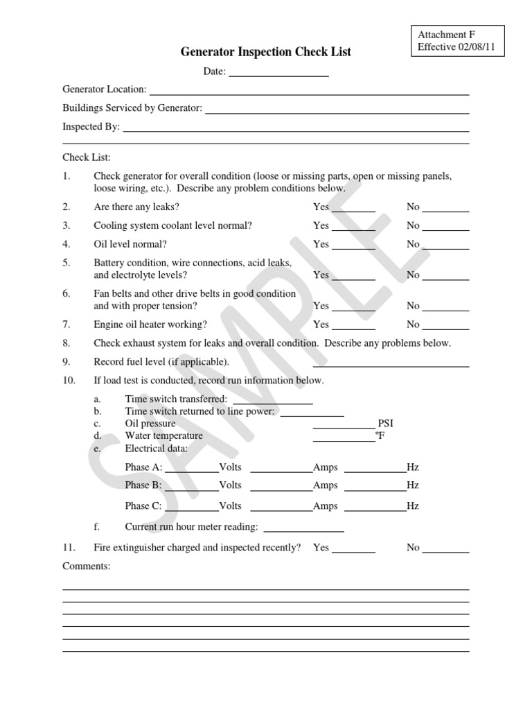 Generator Inspection Check List-SAMPLE-Revised 020811 | PDF | Law
